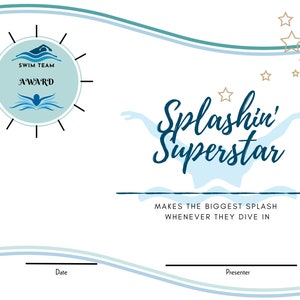 Swim Team Fun Certificates Awards Editable for Summer Camp, End of the ...