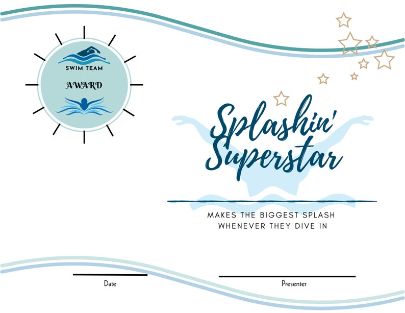 Swim Team Fun Certificates Awards Editable for Summer Camp, End of the ...