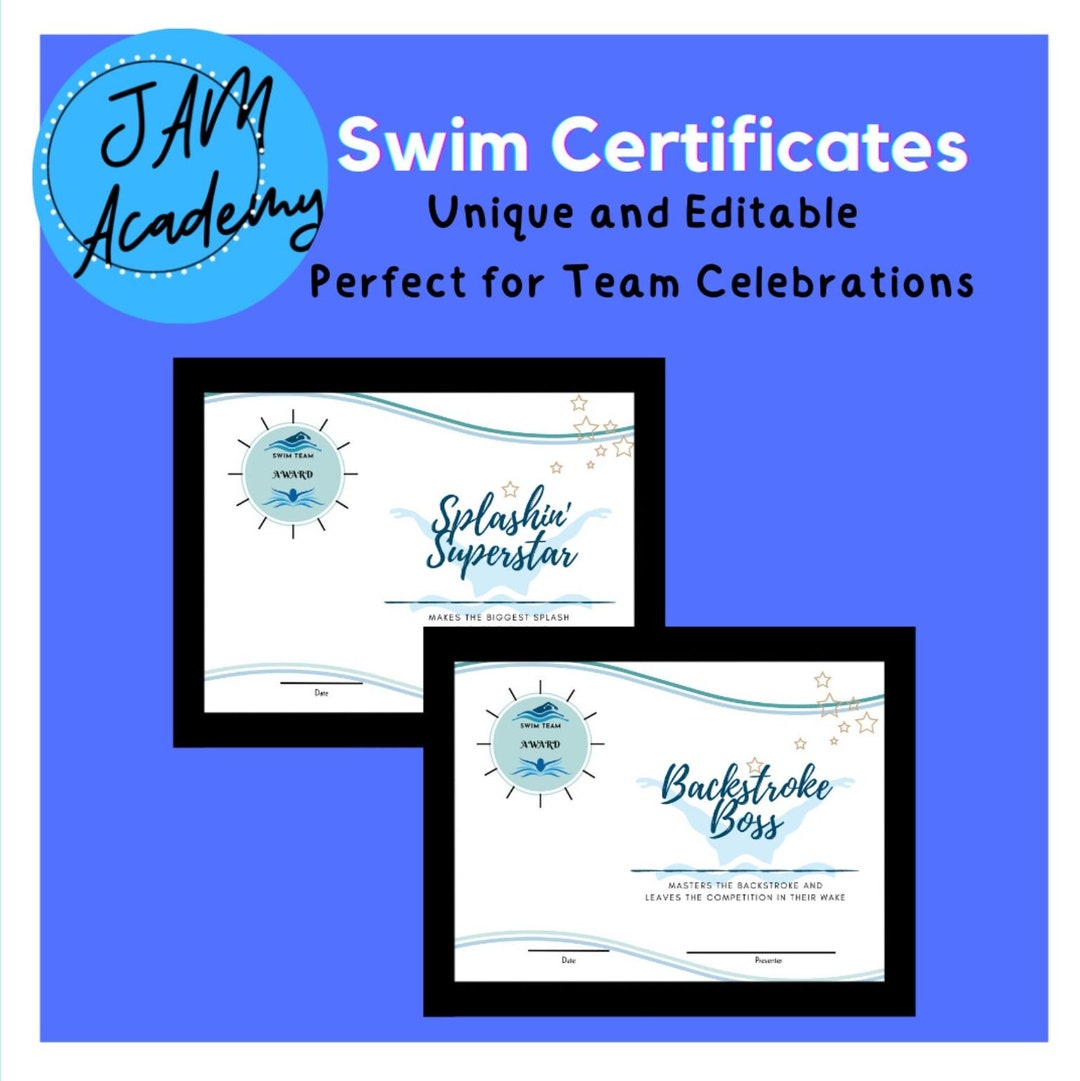 Swim Team Fun Certificates Awards Editable for Summer Camp, End of the ...