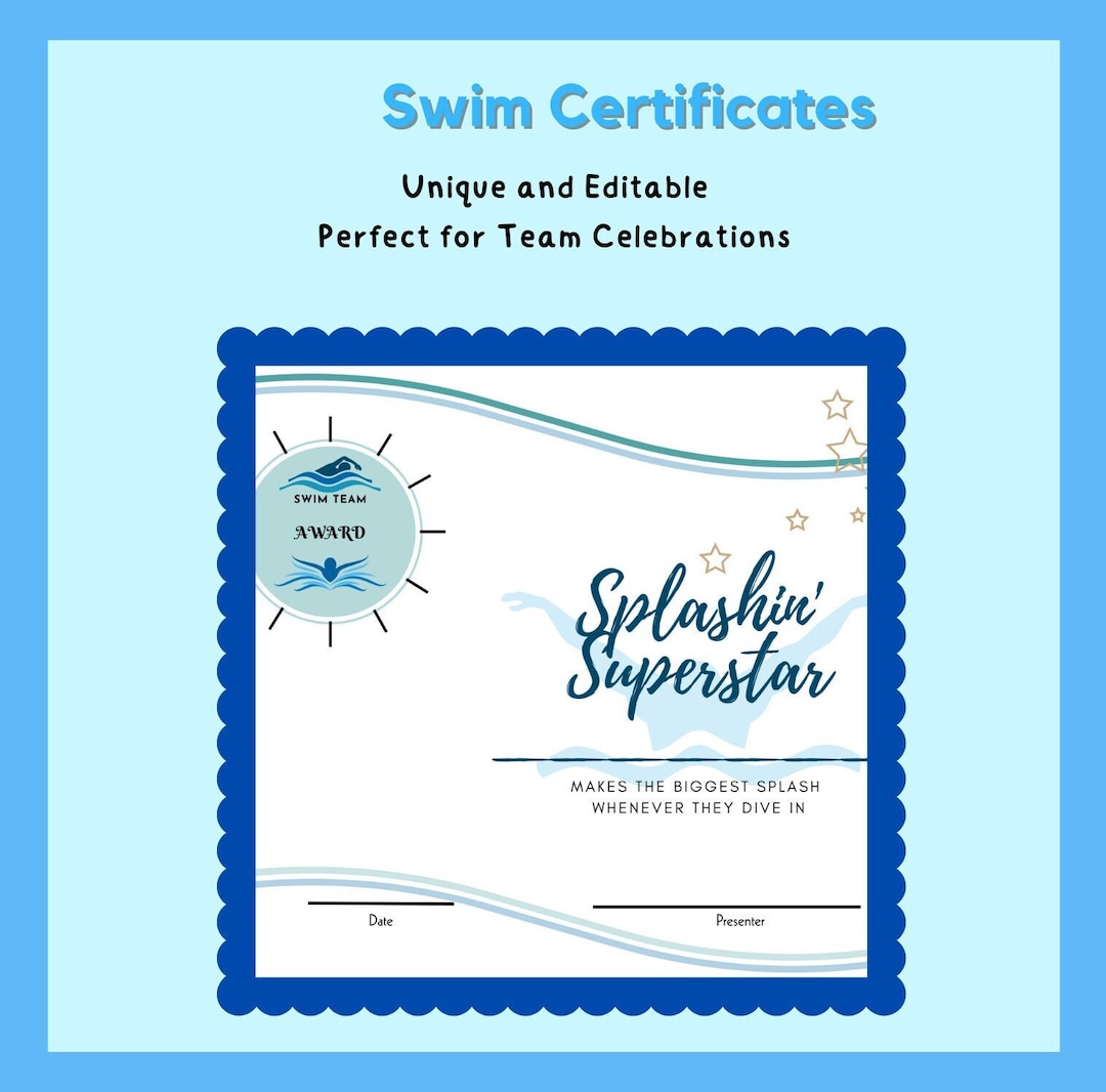 Swim Team Fun Certificates Awards Editable for Summer Camp, End of the ...