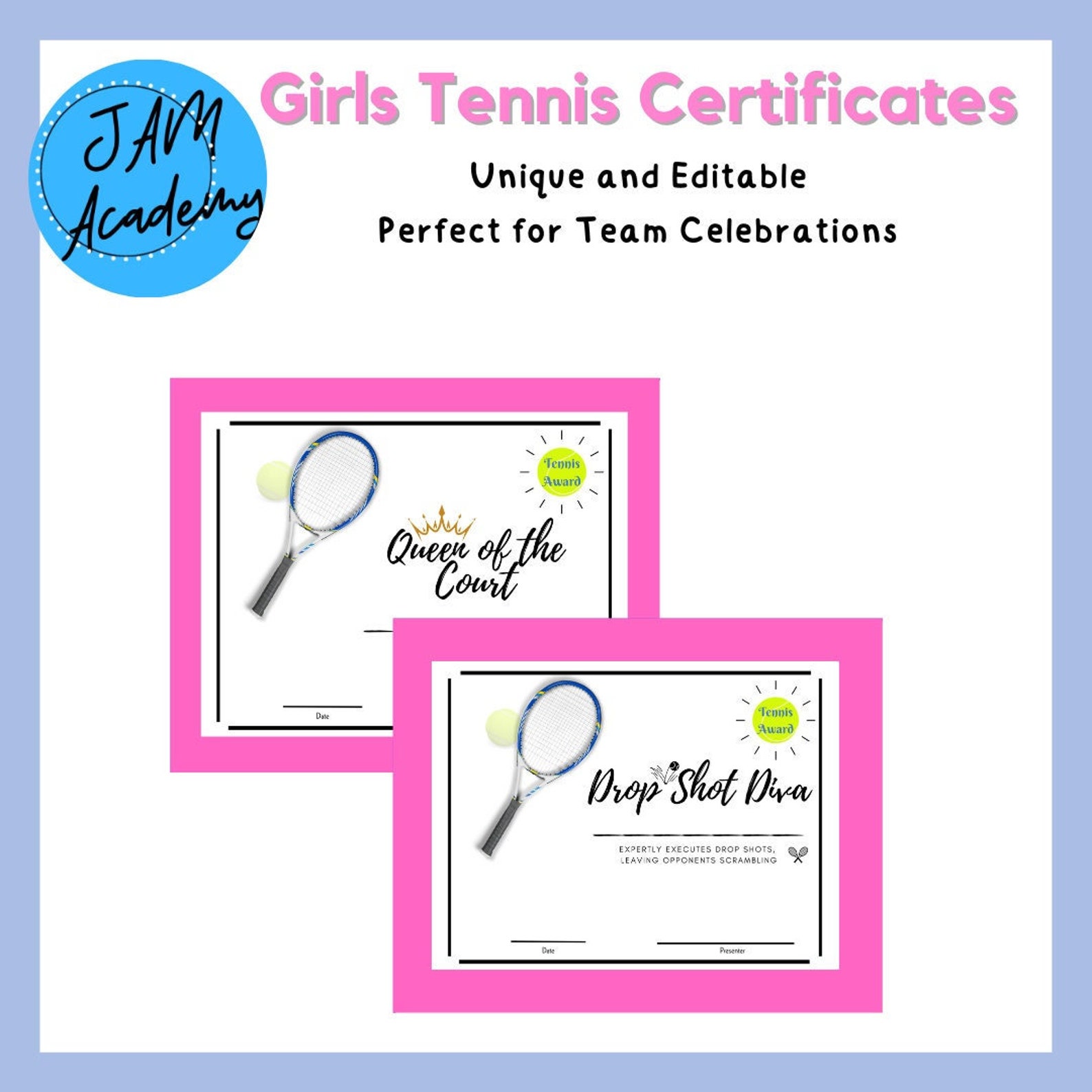 Girls Tennis Certificates Awards Editable Summer Camp End of the Season ...