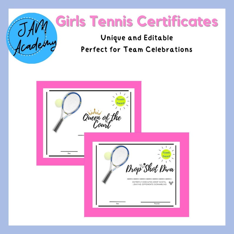 Girls Tennis Certificates Awards Editable Summer Camp End of the Season ...