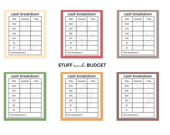 6pk Teller Slips Cash Breakdown Budgeting Printable Cash Budgeting Bank ...