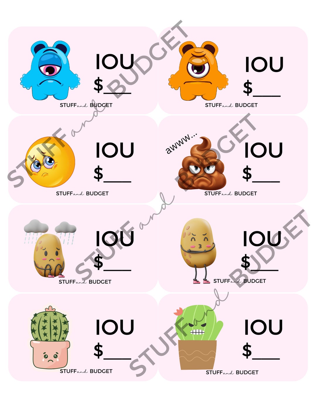 8 IOU Slips Variety Bundle Digital Download Super Cute - Etsy