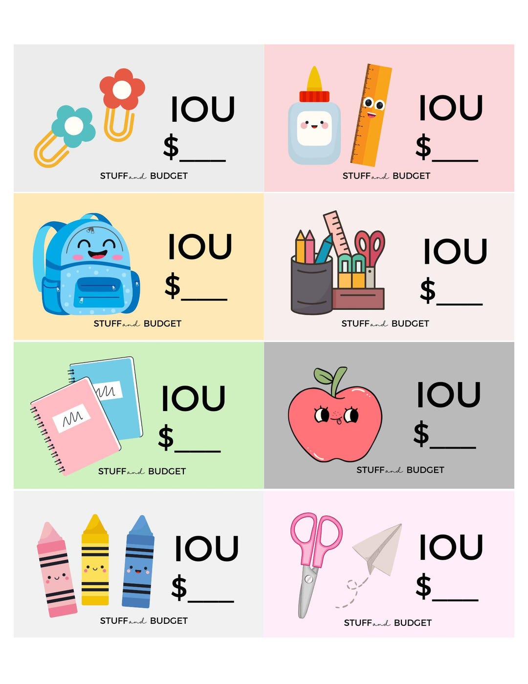 SCHOOL! 8 IOU Slips Variety Bundle Digital Download Super Cute - Etsy