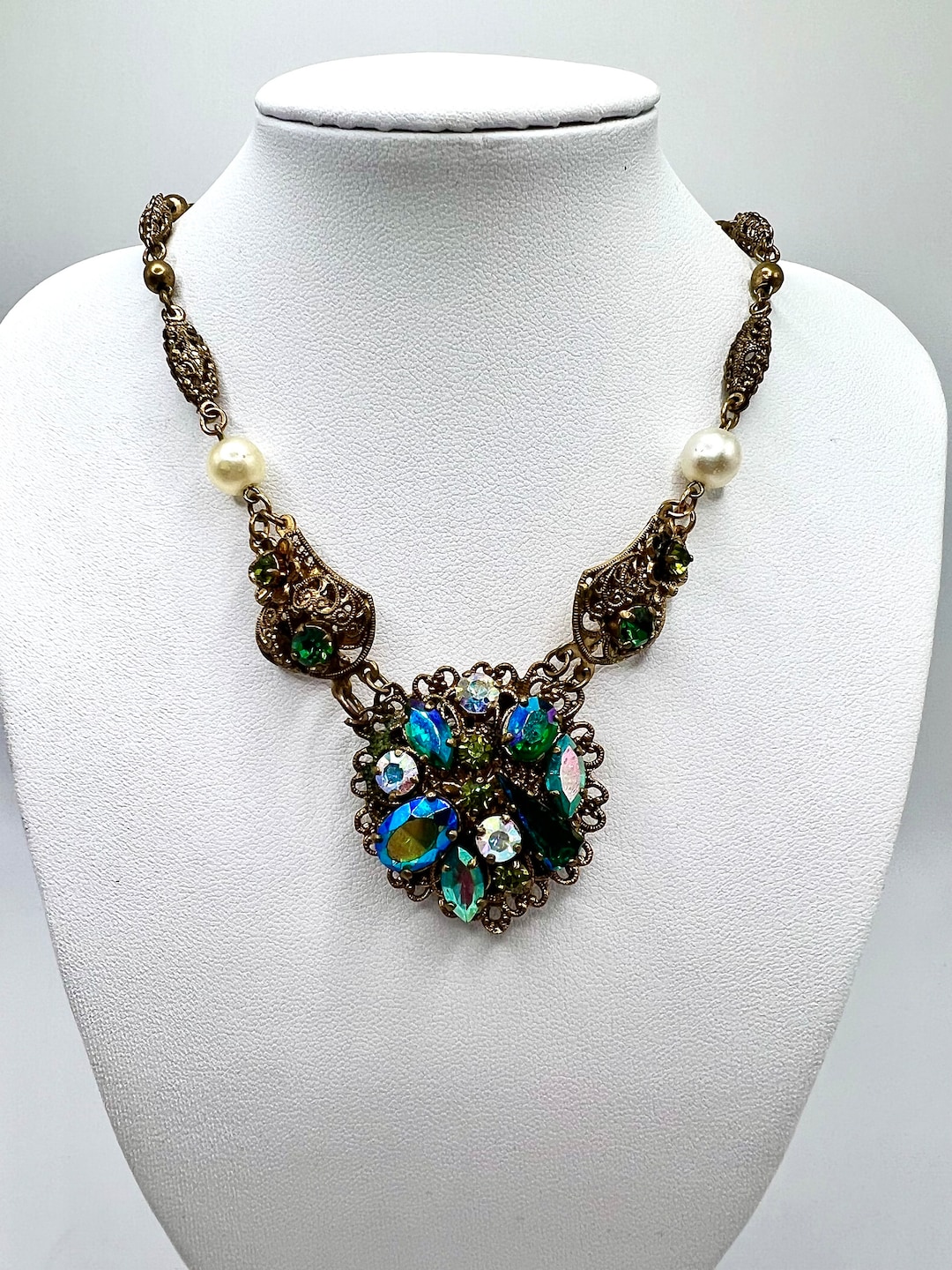 Stunning Vintage West Germany Blue & Green Rhinestone Necklace - Etsy