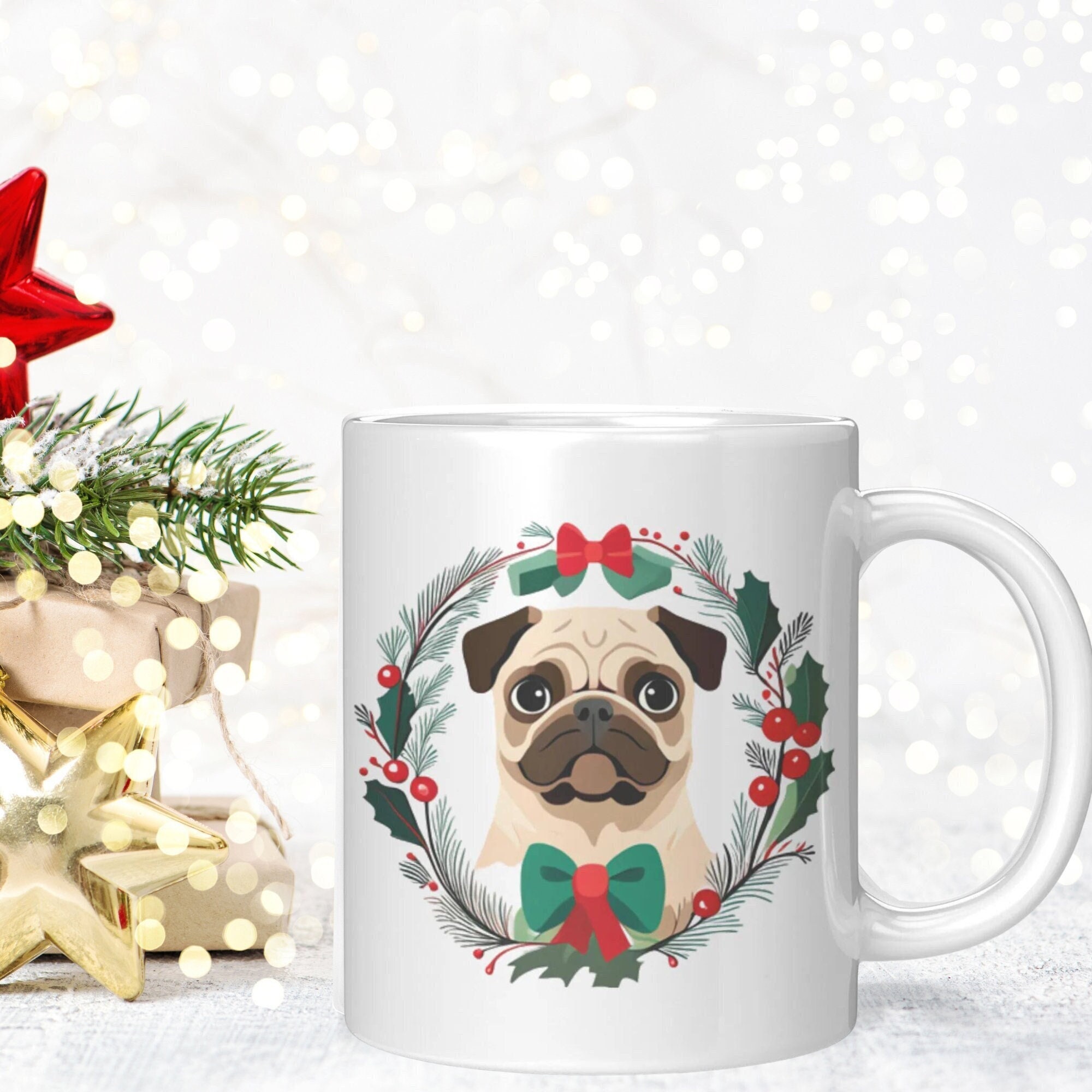 Christmas Pug Mug: Adorable Pug Design in Festive Wreath, Unique Dog ...