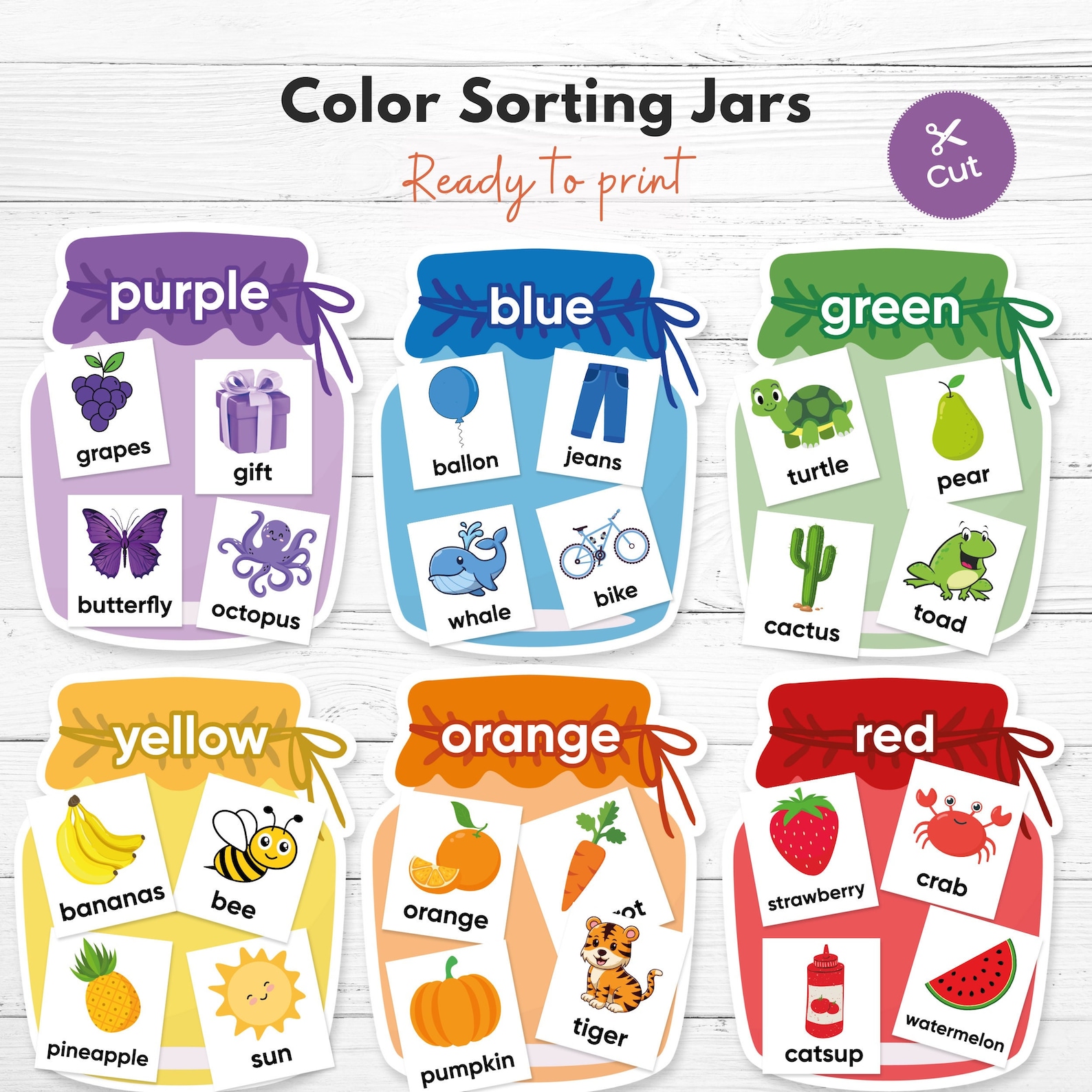 Color Sorting Jars, Color Matching Worksheets, Preschool Prints, Color ...
