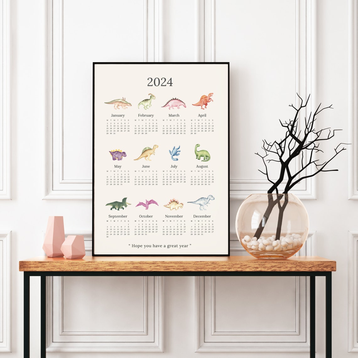 2024 Printable Dinosaurs Calendar, New Year Calendar Poster, Cute ...