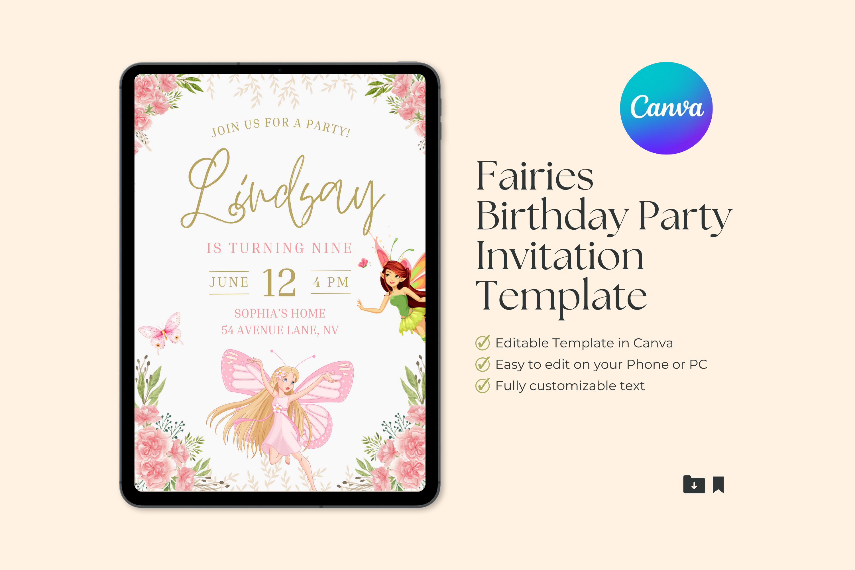Fairies Birthday Party Invitation Template, Fairies Party Editable ...