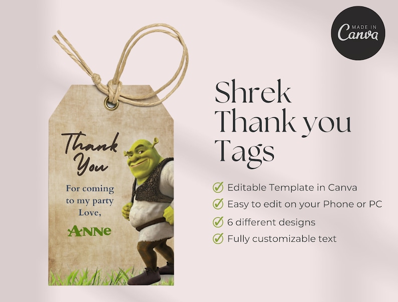 Shrek Thank You Tag Editable, Shrek Printable Tag, Party Favor - Etsy