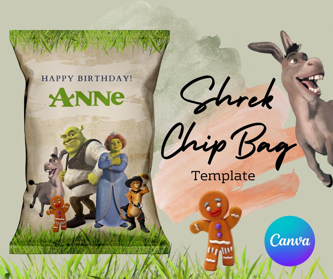 Chip Bag, Shrek, Party, Donkey, Fiona, Editable via Canva, Party Favor ...