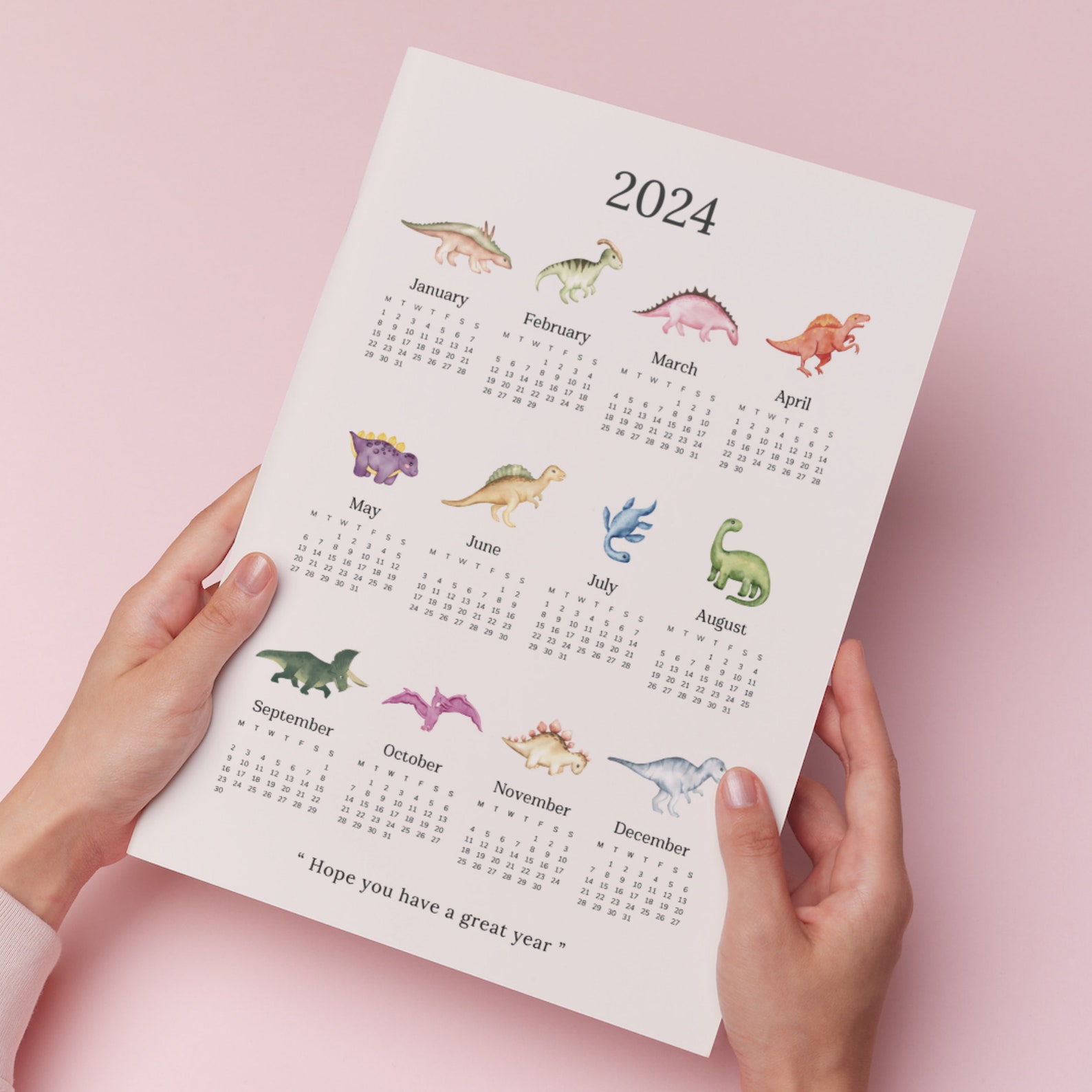 2024 Printable Dinosaurs Calendar, New Year Calendar Poster, Cute ...