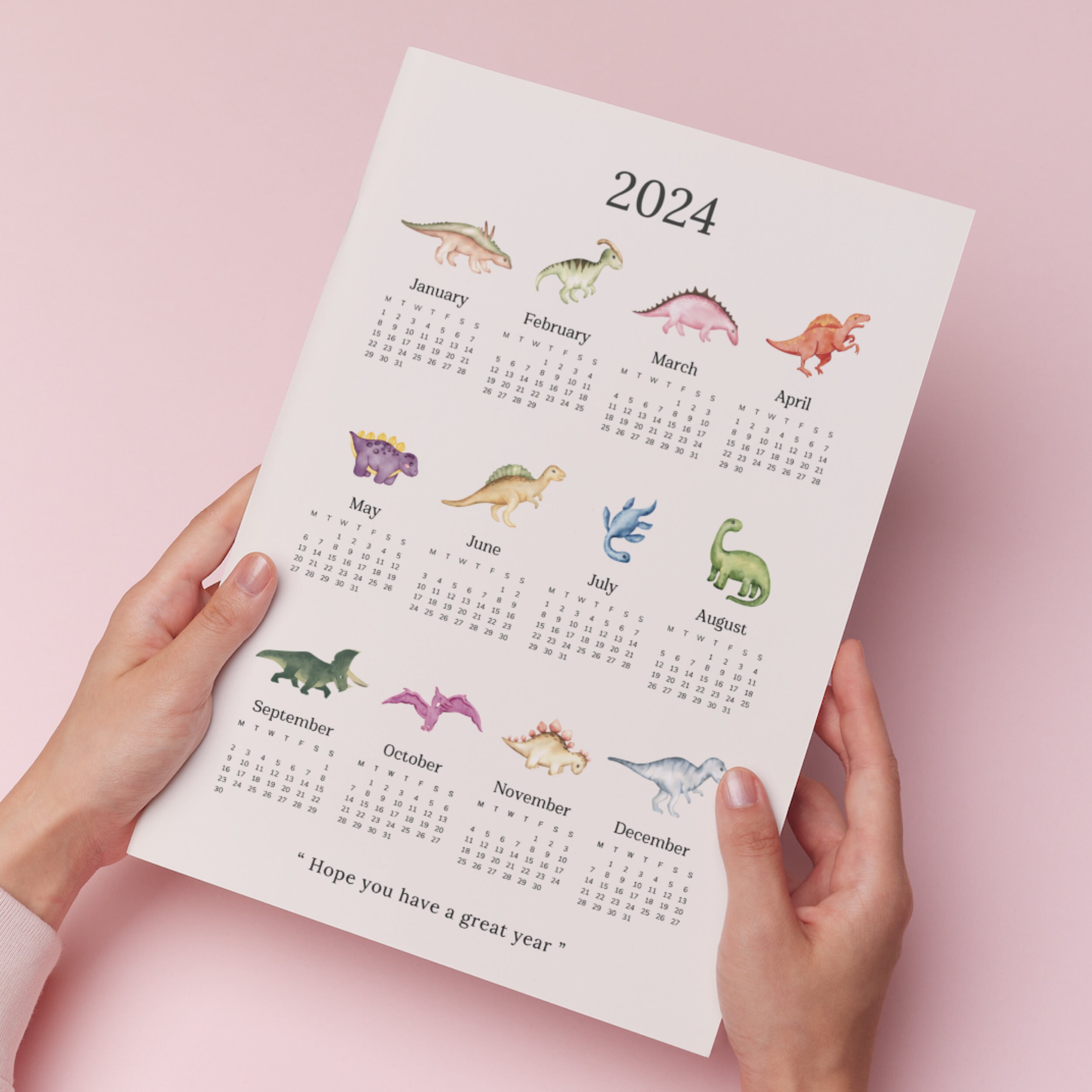 2024 Printable Dinosaurs Calendar, New Year Calendar Poster, Cute ...