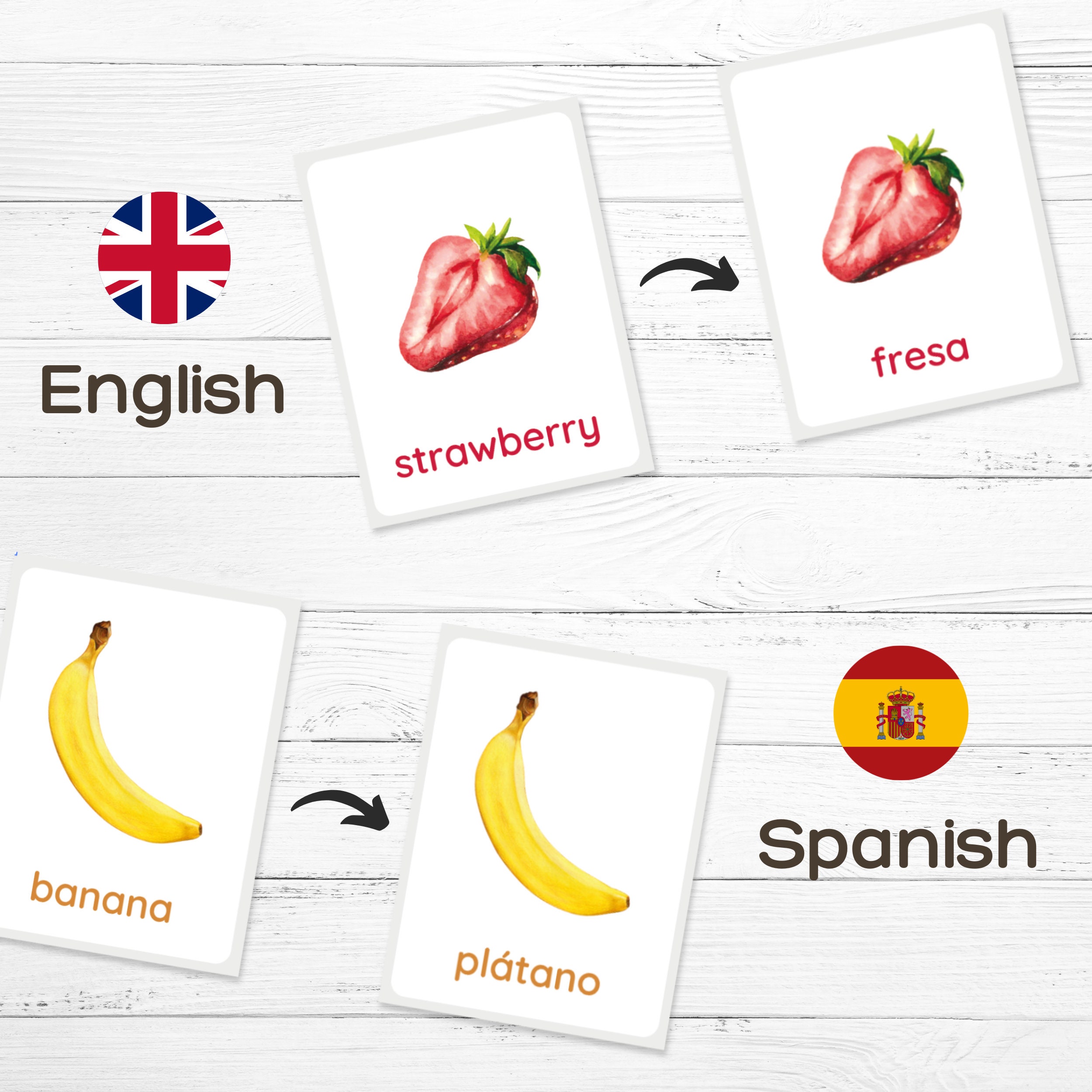 Watercolor Fruits Flash Cards, Bilingual Vocabulary, English Flash ...