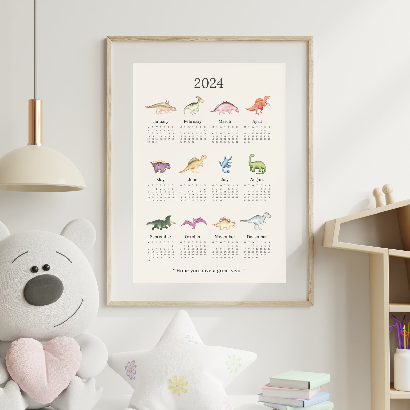 2024 Printable Dinosaurs Calendar, New Year Calendar Poster, Cute ...