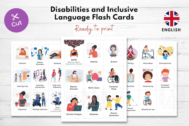 Disabilities, Diseases and Inclusive Language, Printable Flash Cards ...