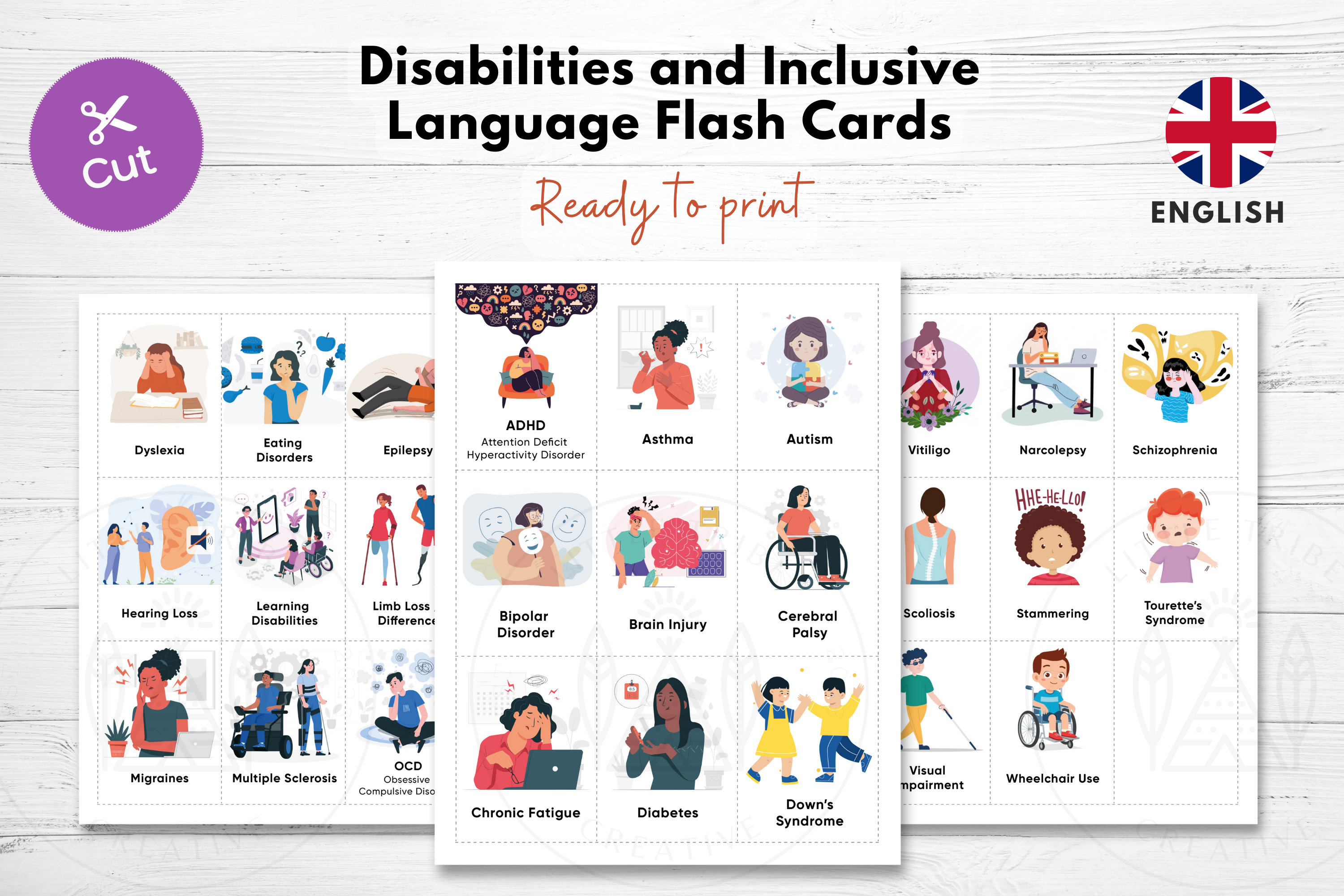 Disabilities, Diseases and Inclusive Language, Printable Flash Cards ...