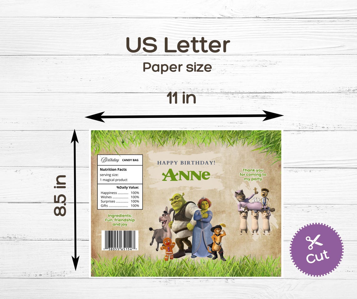 Chip Bag, Shrek, Party, Donkey, Fiona, Editable via Canva, Party Favor ...