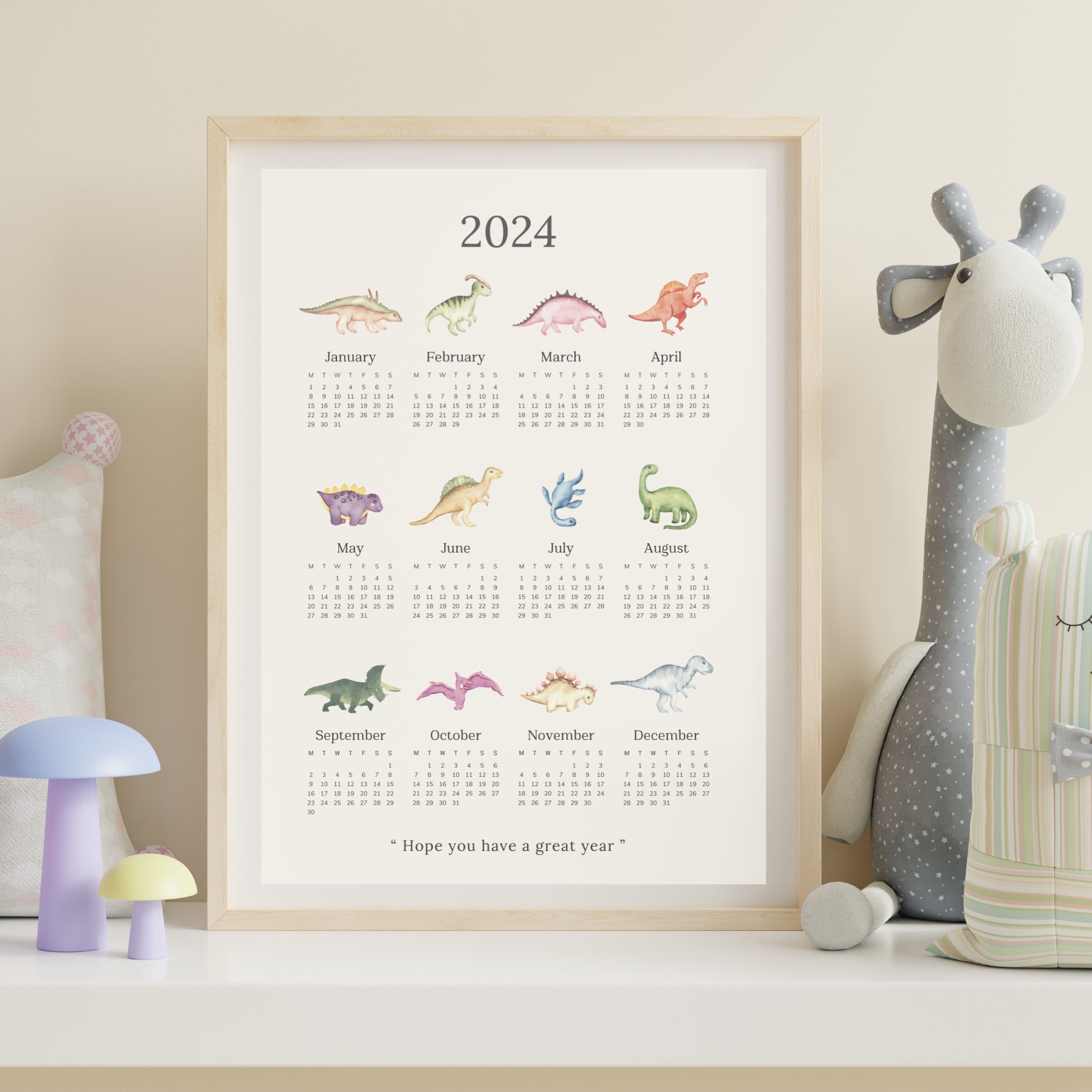 2024 Printable Dinosaurs Calendar, New Year Calendar Poster, Cute ...