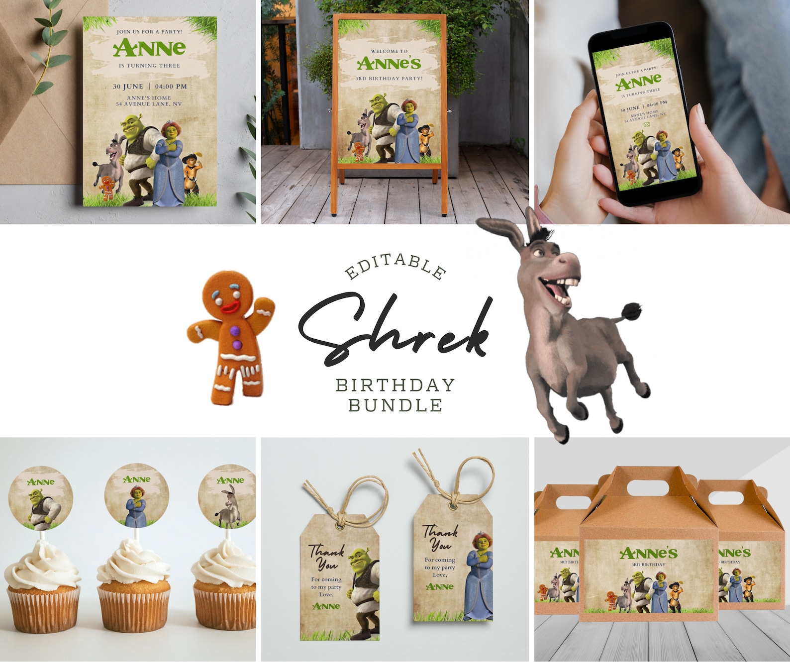 Shrek Editable Birthday Bundle, Shrek Party Invitation, Shrek Editable ...