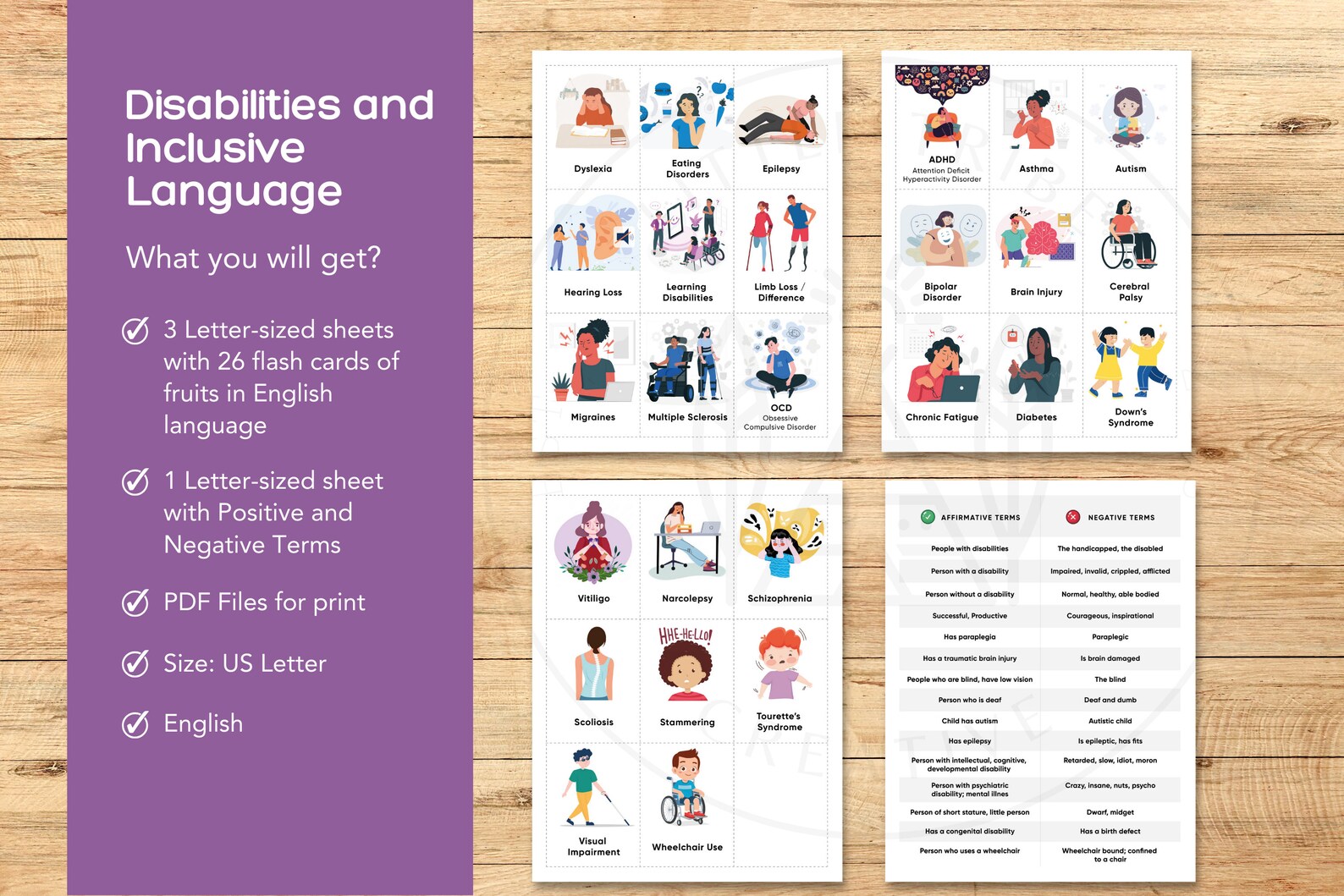 Disabilities, Diseases and Inclusive Language, Printable Flash Cards ...
