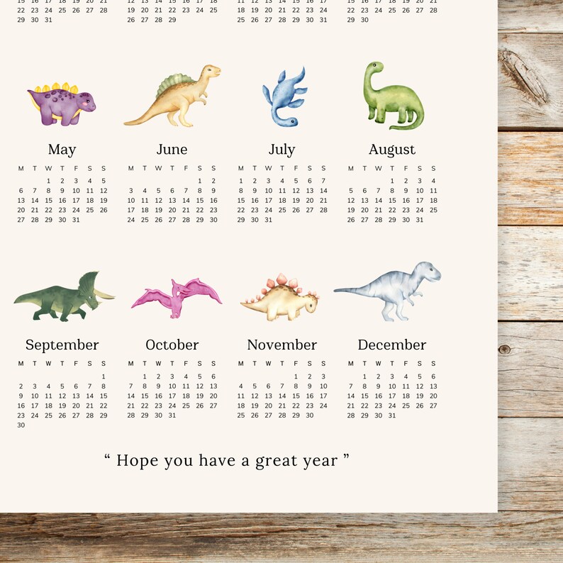 2024 Printable Dinosaurs Calendar, New Year Calendar Poster, Cute ...