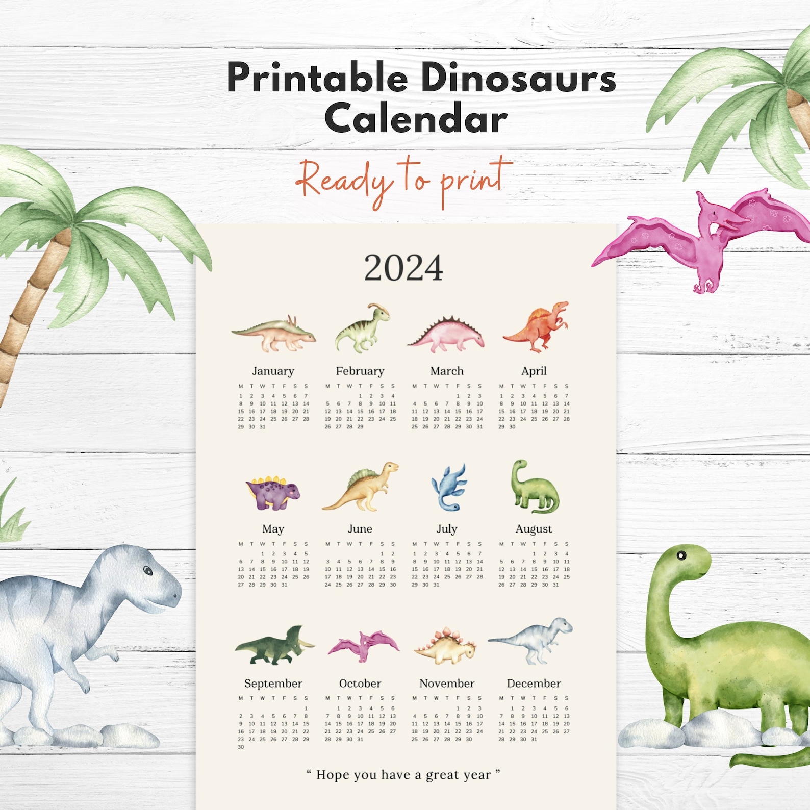 2024 Printable Dinosaurs Calendar, New Year Calendar Poster, Cute ...