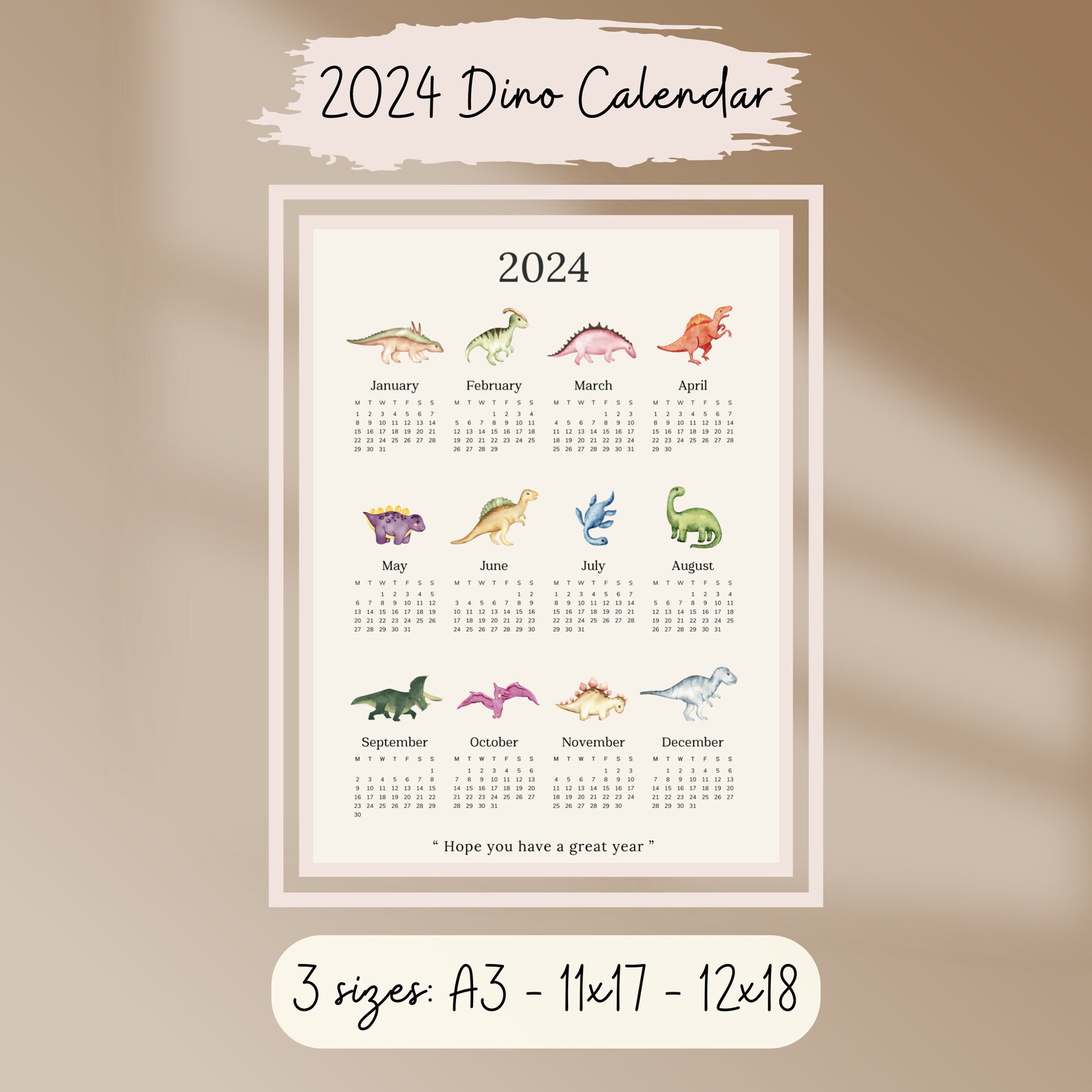 2024 Printable Dinosaurs Calendar, New Year Calendar Poster, Cute ...