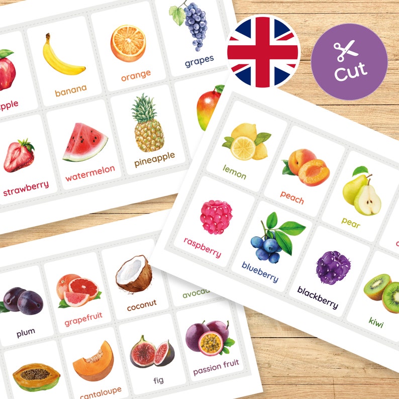 Watercolor Fruits Flash Cards, Bilingual Vocabulary, English Flash ...