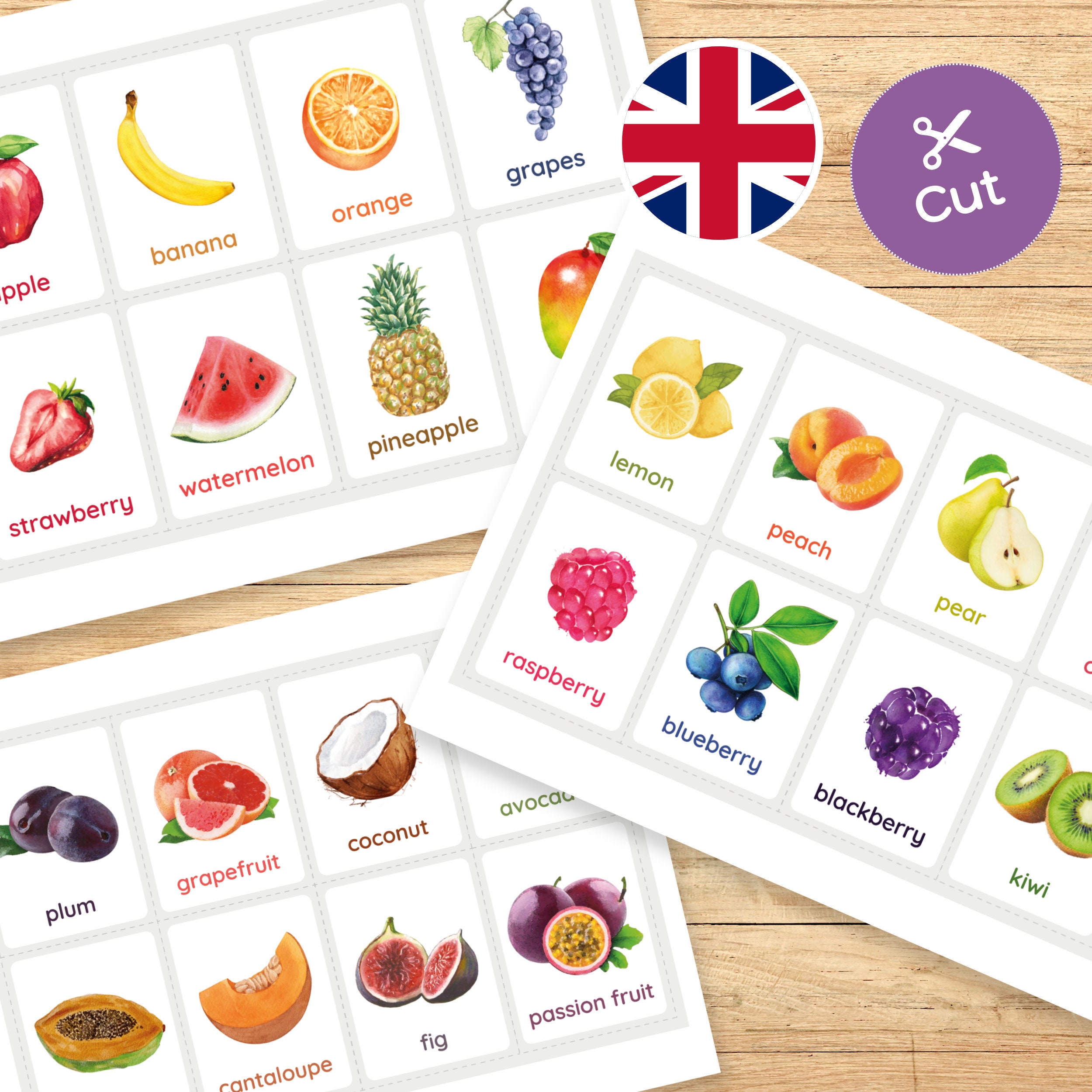 Watercolor Fruits Flash Cards, Bilingual Vocabulary, English Flash ...
