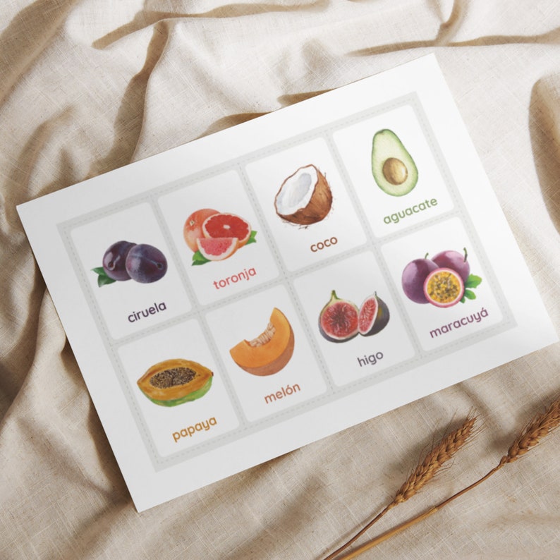 Watercolor Fruits Flash Cards, Bilingual Vocabulary, English Flash ...