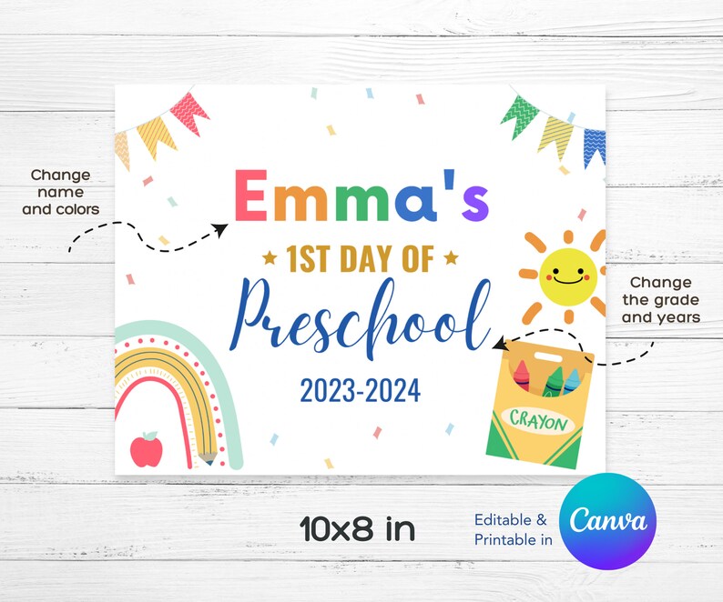 Editable First Day of Preschool Sign, School Printable Sign ...