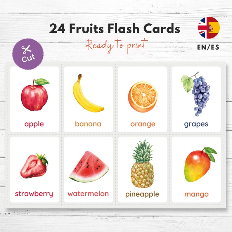 Watercolor Fruits Flash Cards, Bilingual Vocabulary, English Flash ...