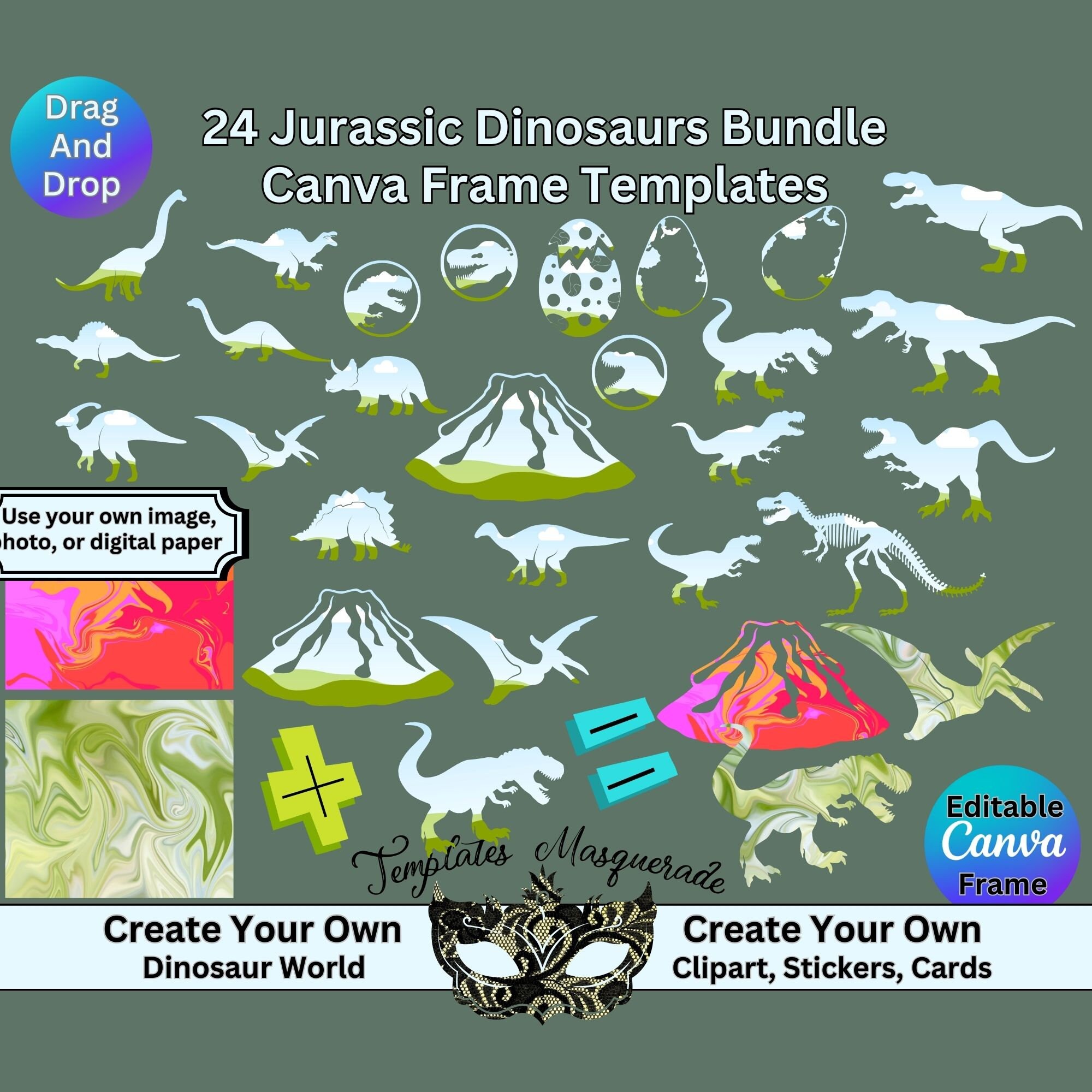 Jurassic Dinosaurs Canva Templates Bundle, T-rex, Dino , Volcano ...