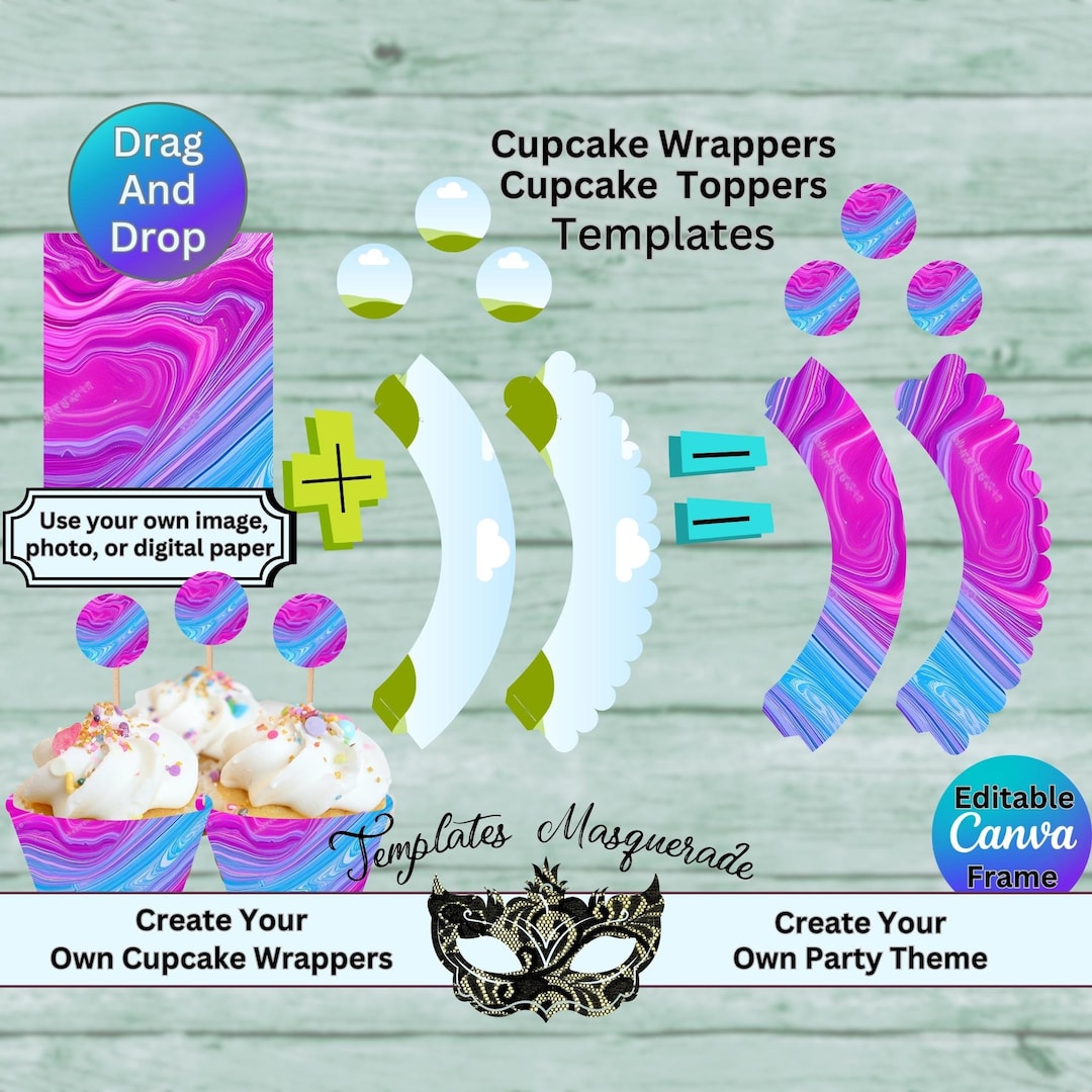 Cupcake Wrappers and Cupcake Toppers, Canva Template, Editable Template ...