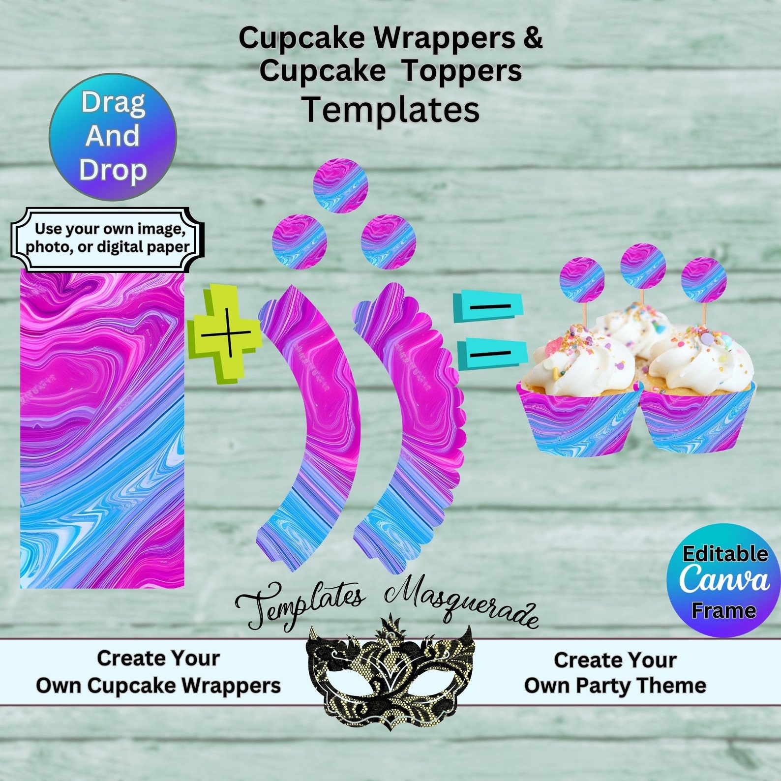 Cupcake Wrappers and Cupcake Toppers, Canva Template, Editable Template ...