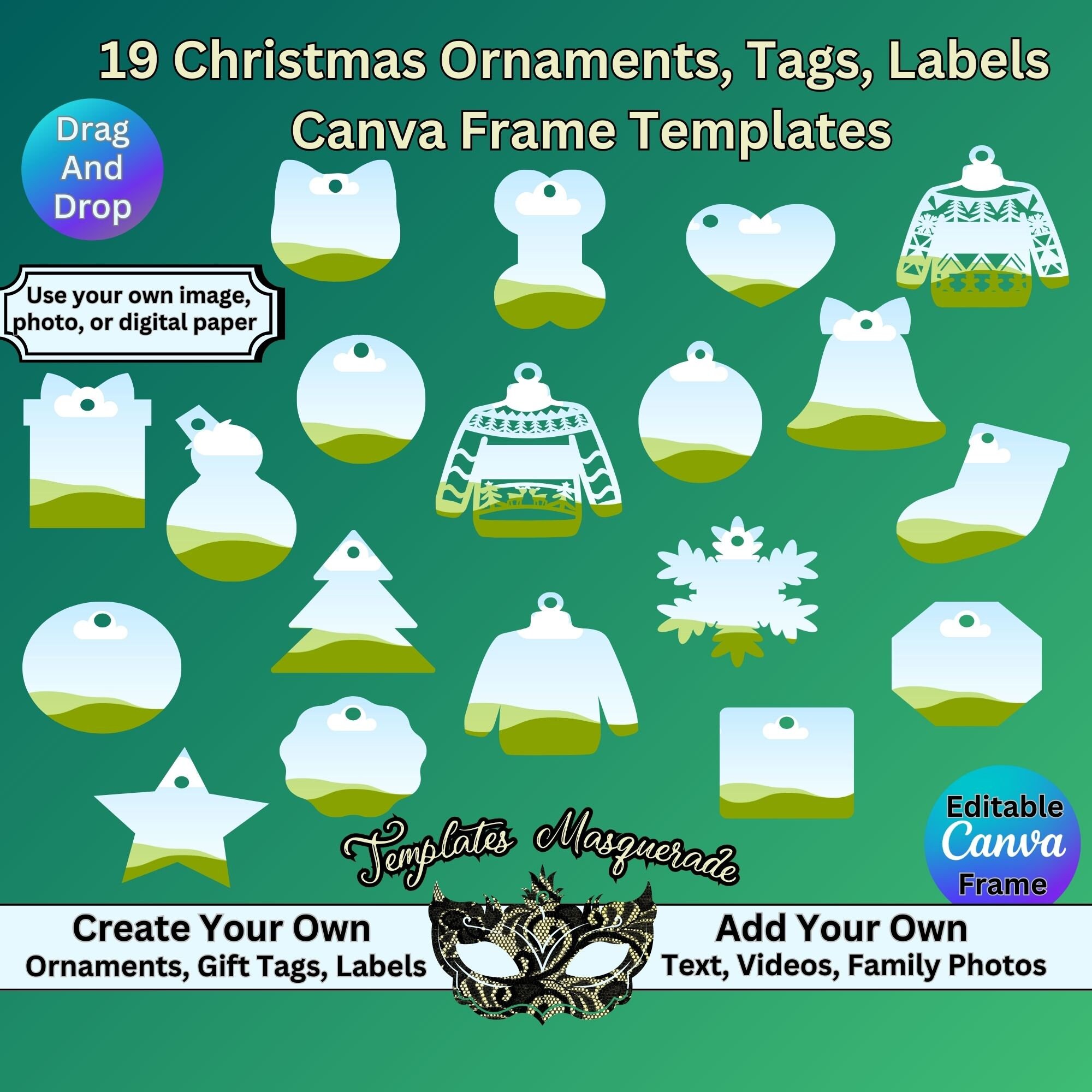 Editable Gift Tags, Labels, Christmas Ornaments, Canva Template Frames ...