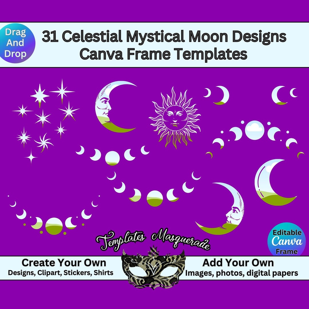 Moon Phases, Celestial, Templates, Editable Canva Frames, Mystical ...