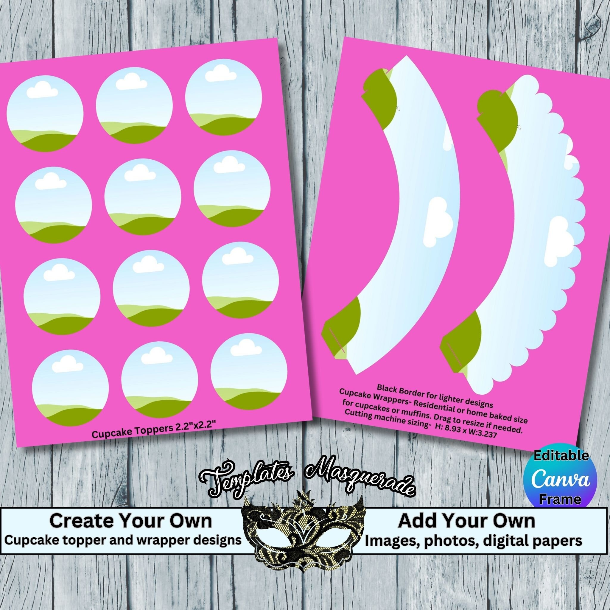 Cupcake Wrappers and Cupcake Toppers, Canva Template, Editable Template ...