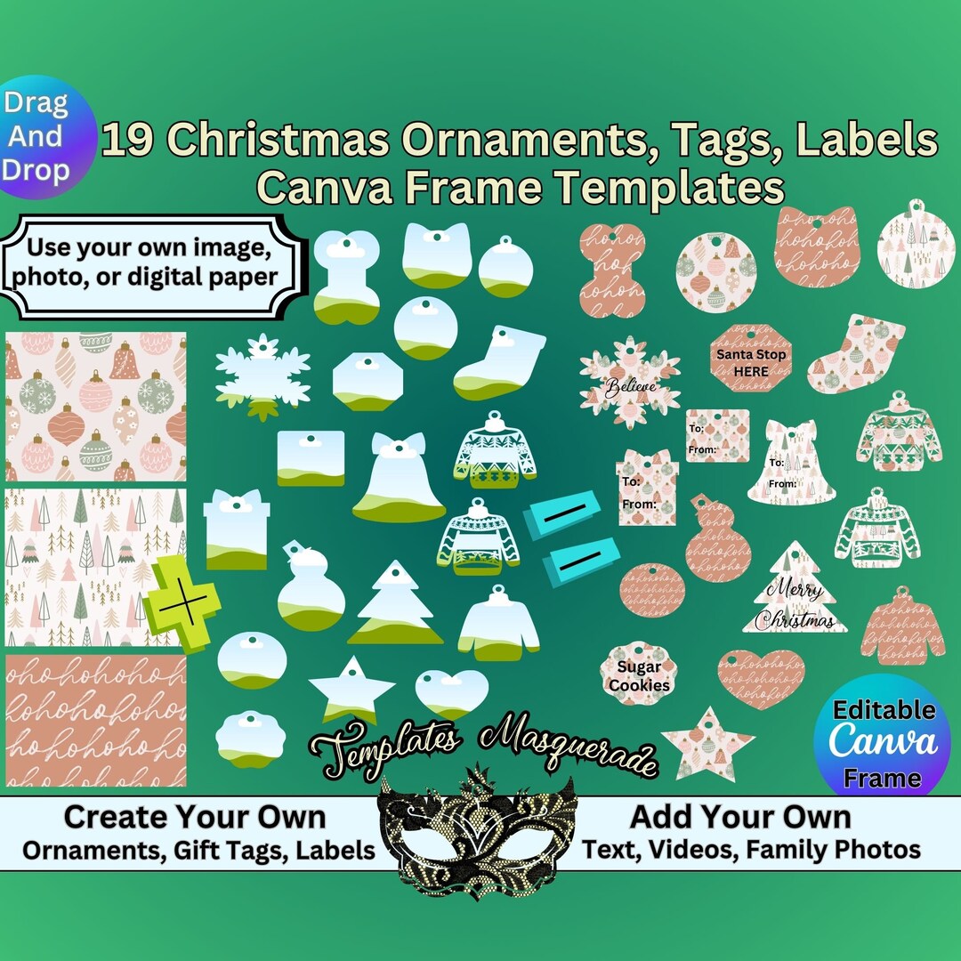 Editable Gift Tags, Labels, Christmas Ornaments, Canva Template Frames ...