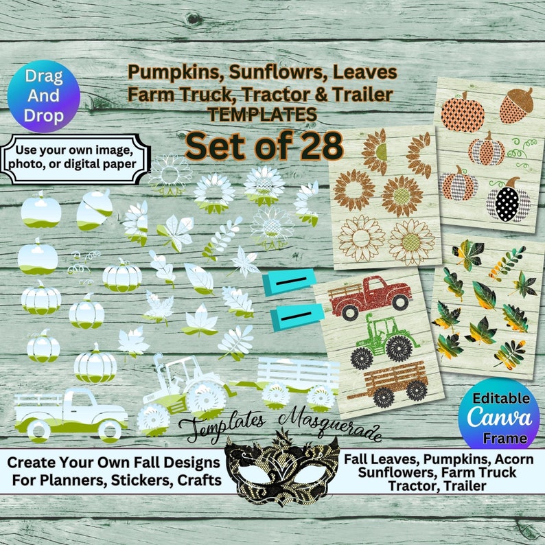 Fall Autumn Templates Pumpkins, Sunflowers, Farm Vintage Truck, Tractor ...