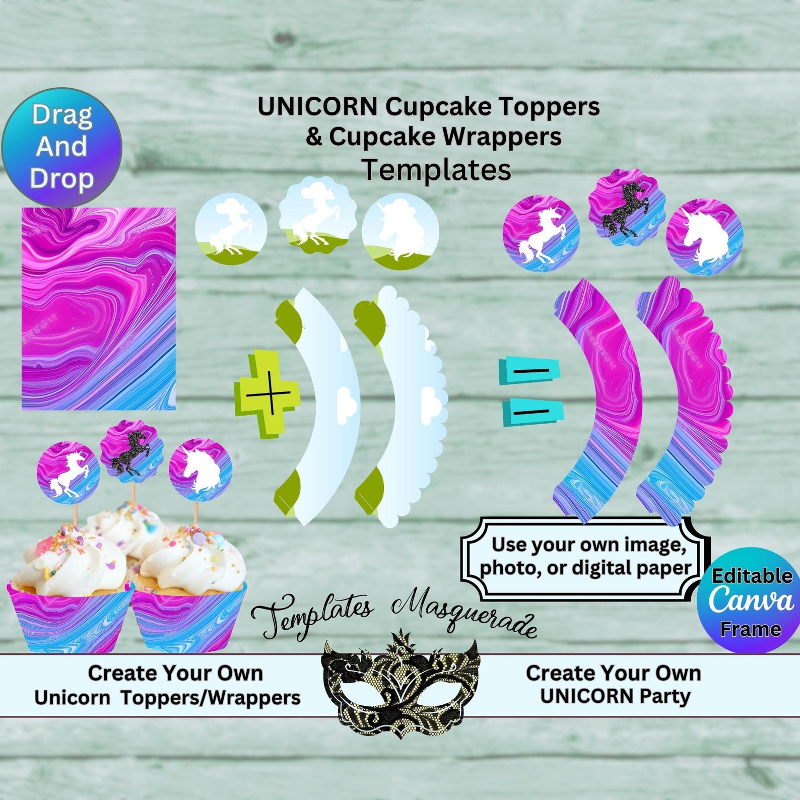 Unicorn Cupcake Templates, Toppers, Wrappers, Canva Frames Template ...