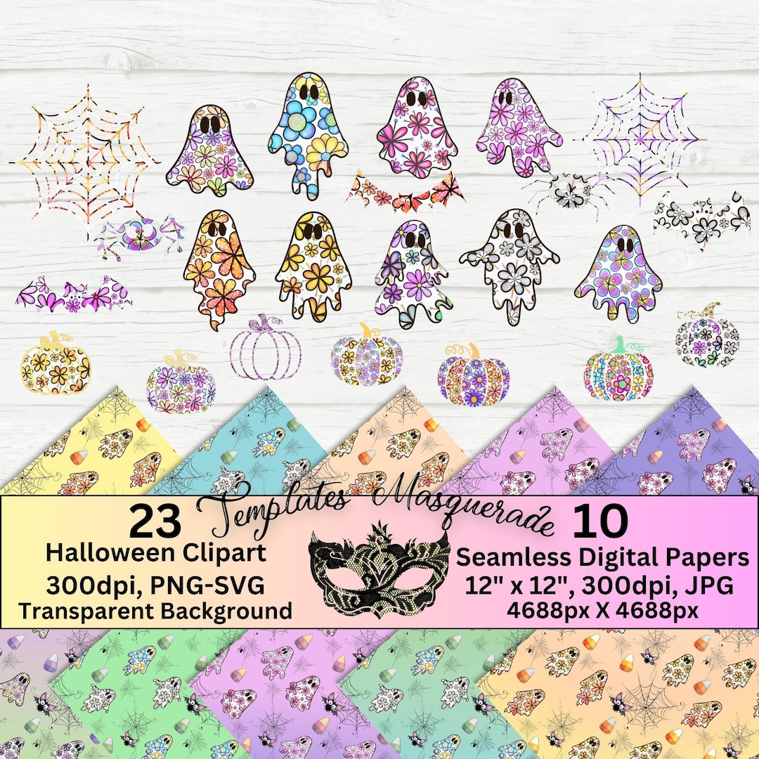 Floral Pastel Halloween Clipart-pumpkins, Groovy Ghosts, Bats, Spiders ...