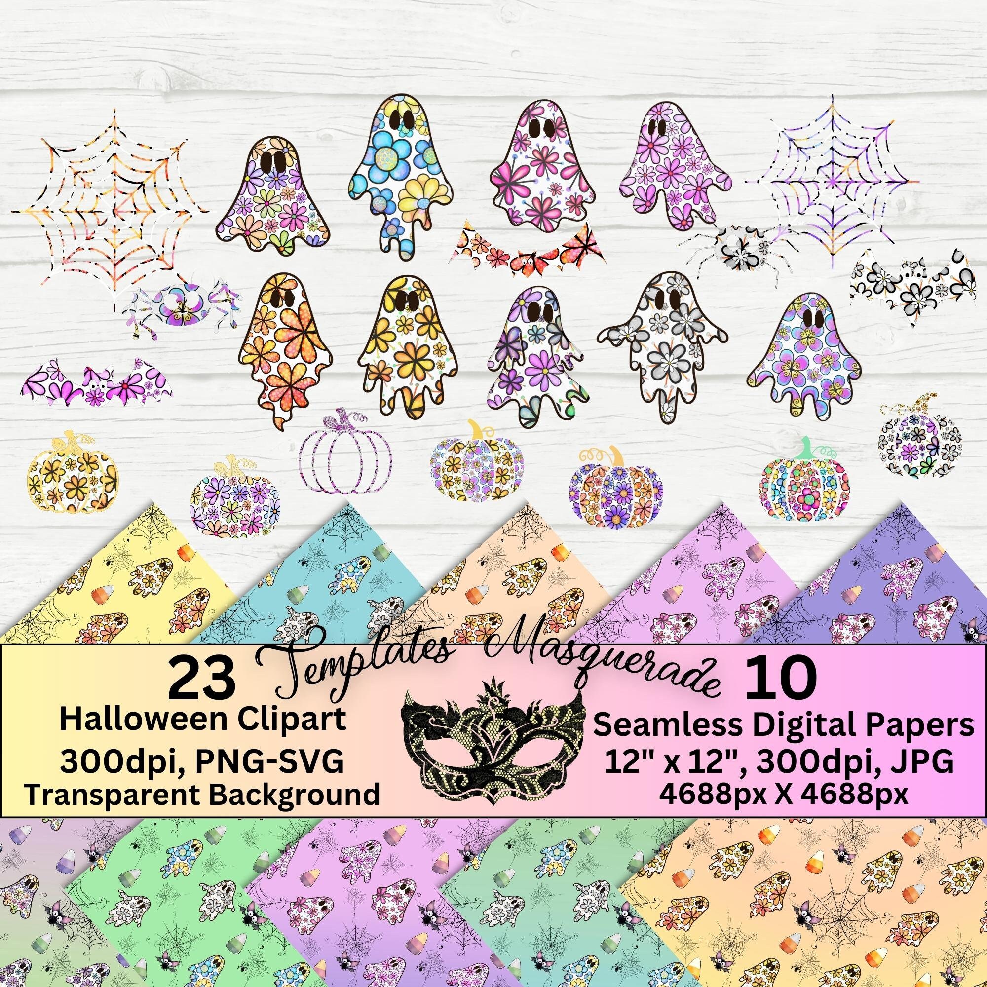 Floral Pastel Halloween Clipart-pumpkins, Groovy Ghosts, Bats, Spiders ...