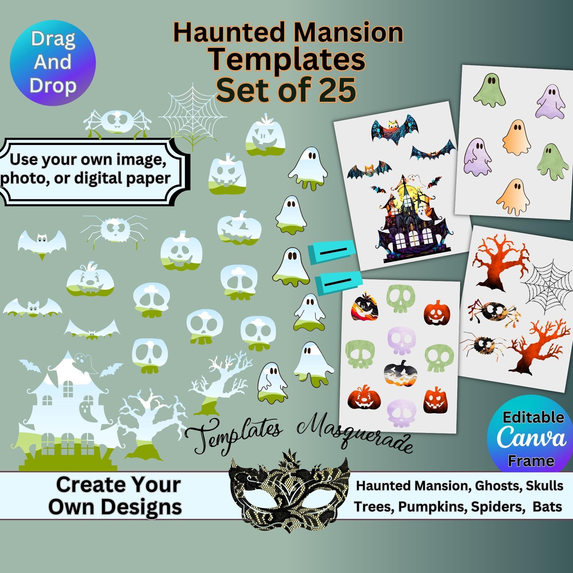 Ghosts, Pumpkins Editable Canva Frame Templates, Halloween Spiders ...