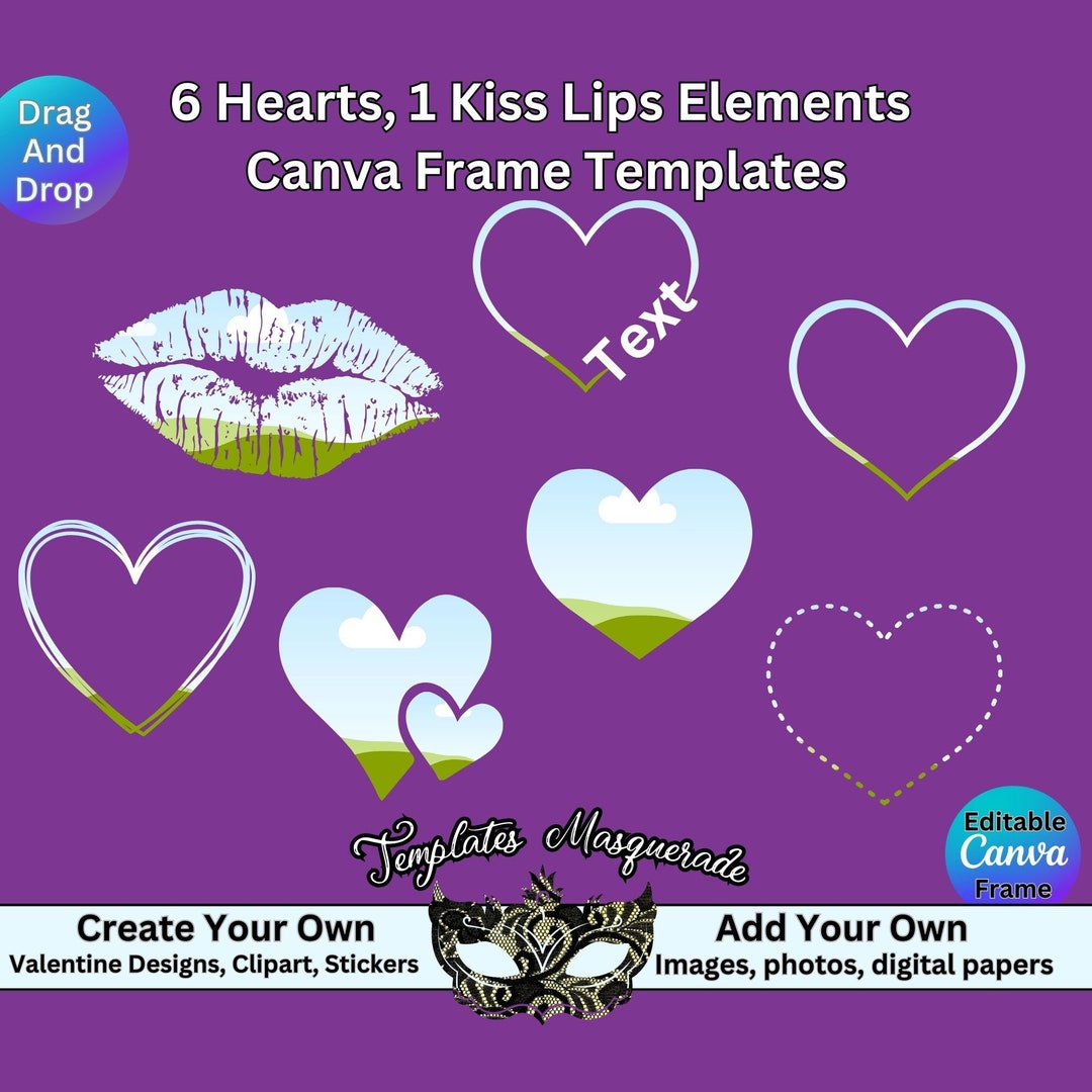 Hearts Editable Canva Frame Templates, Kiss Lips, Add Text Heart ...