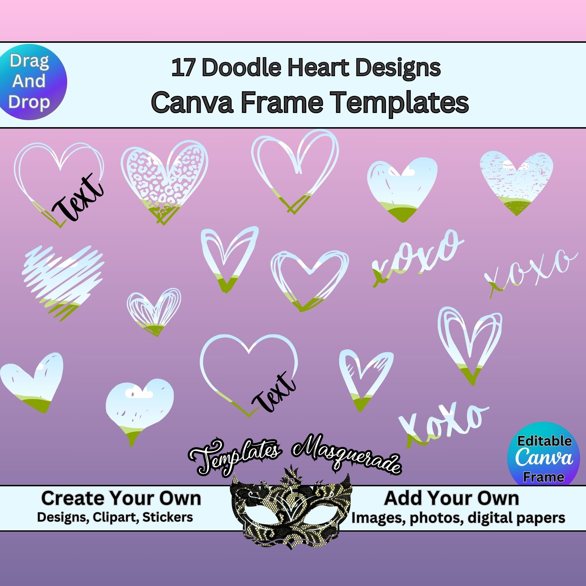 Editable Hearts Templates Canva Frames, Hand Drawn Hearts, Valentine's ...