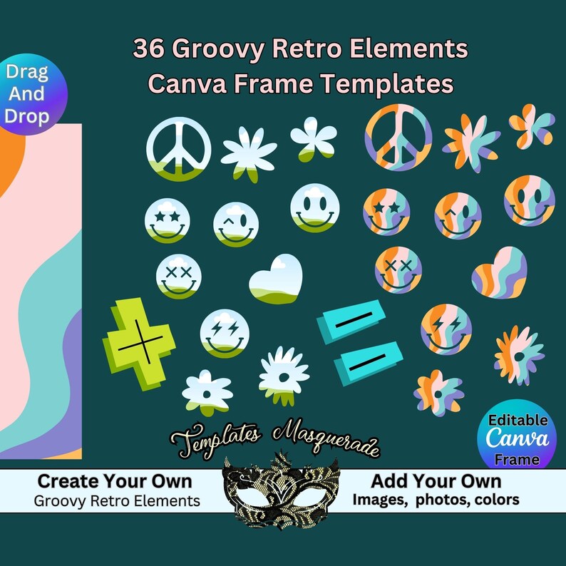 Groovy Flowers Emojis Editable Templates, Wavy Checkered Patterns ...