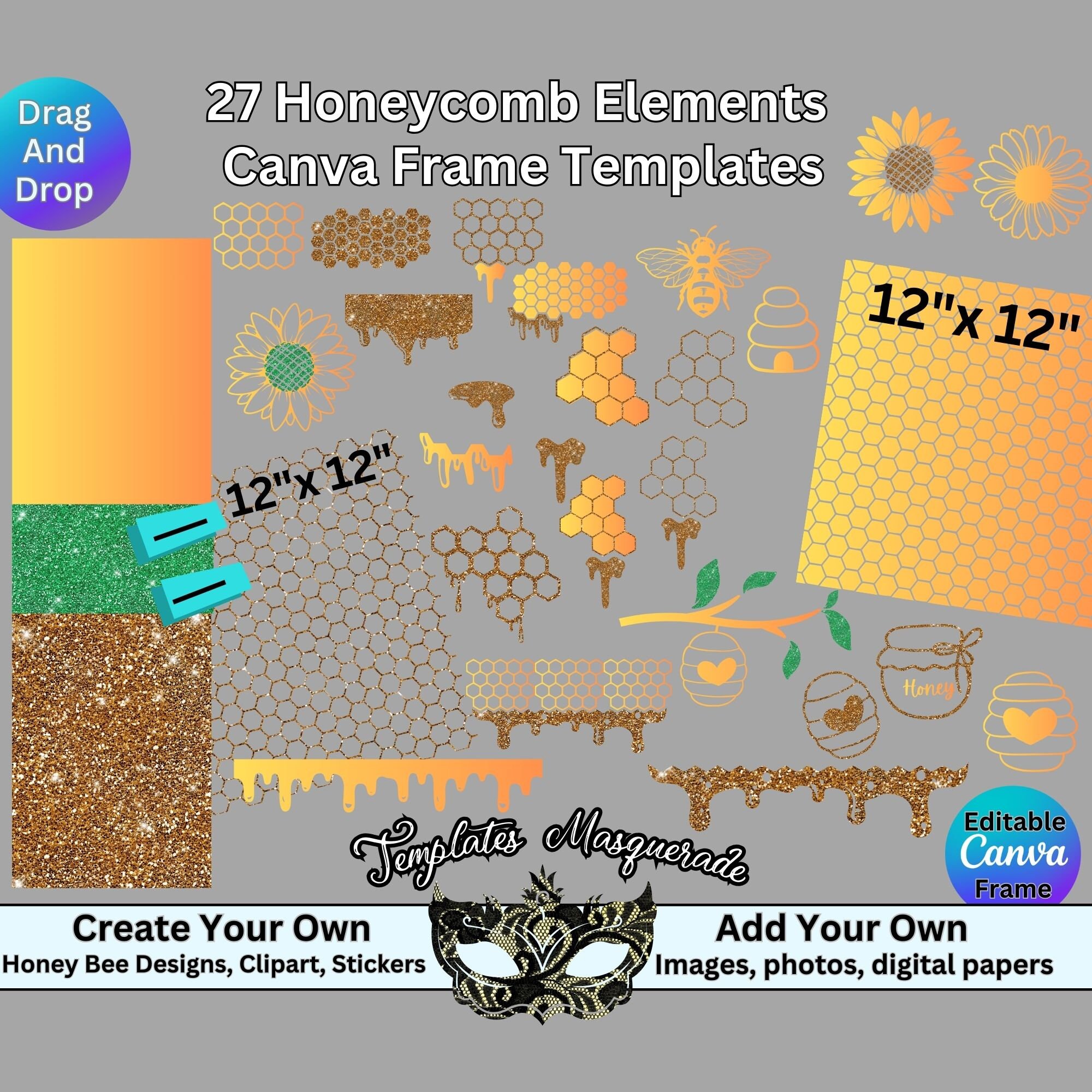 Bee, Honeycomb, Beehive, Sunflowers, Editable Canva Templates Frames ...